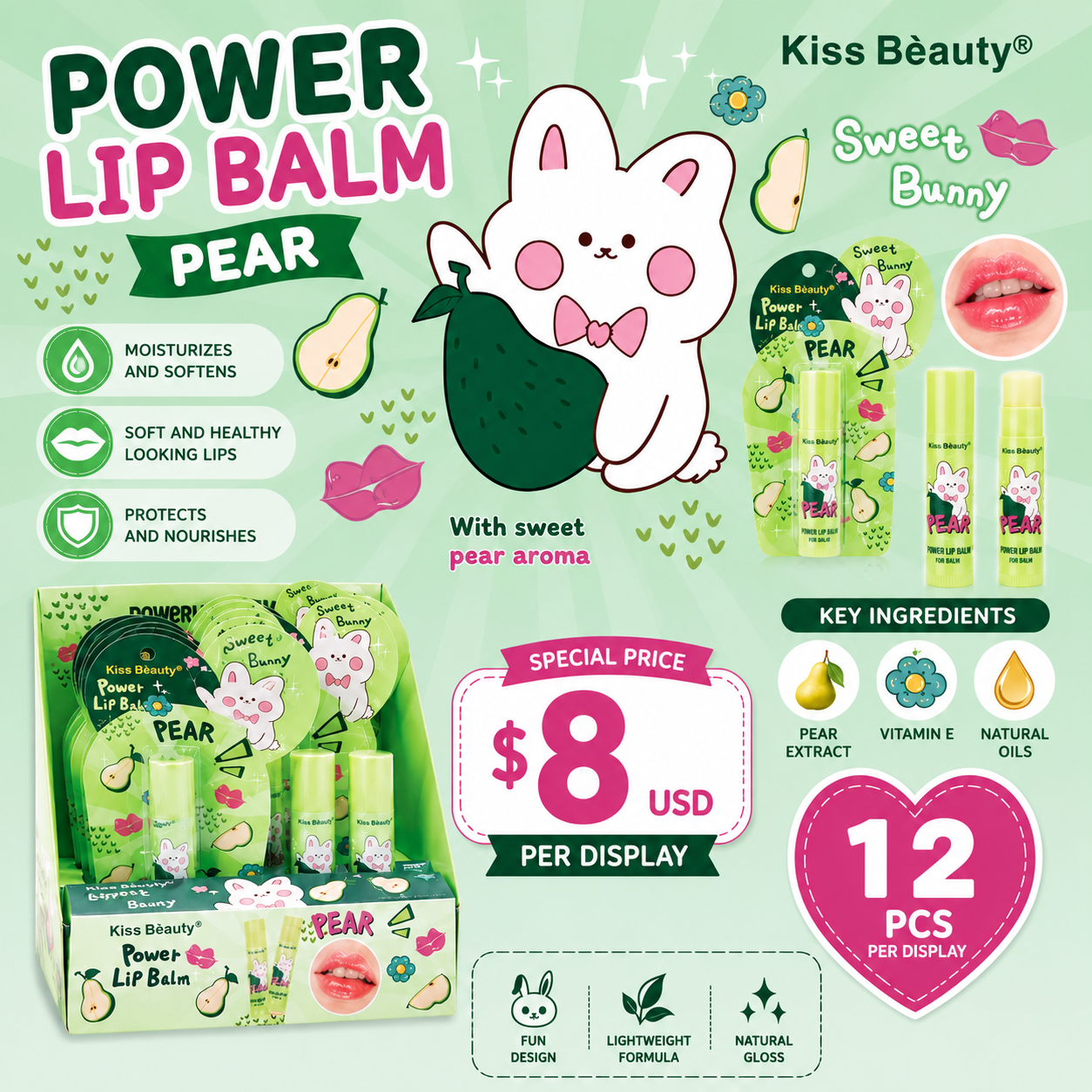 12PCS DISPLAY KISS BEAUTY PEAR POWER LIP BALM 2989-03A – Flawless ...