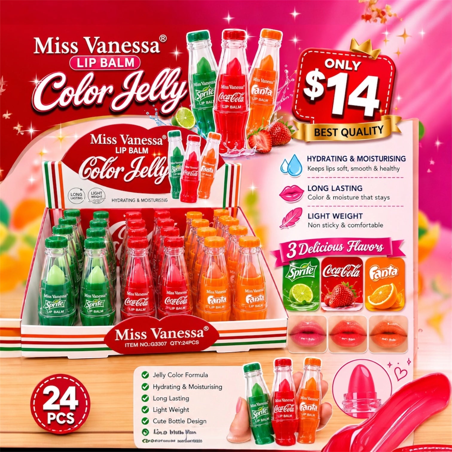 24PCS DISPLAY MISS VANESSA SODA LIP BALMS G3307 – Flawless Beauty Wholesale